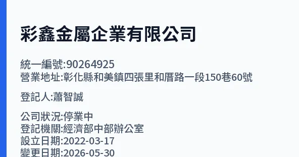 彩鑫金屬企業有限公司的照片-統編 90264925(彰化縣) 公司登記資料與營業項目詳細圖表