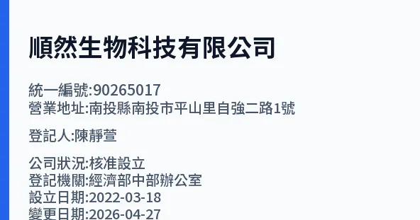順然生物科技有限公司的照片-統編 90265017(南投縣) 公司登記資料與營業項目詳細圖表