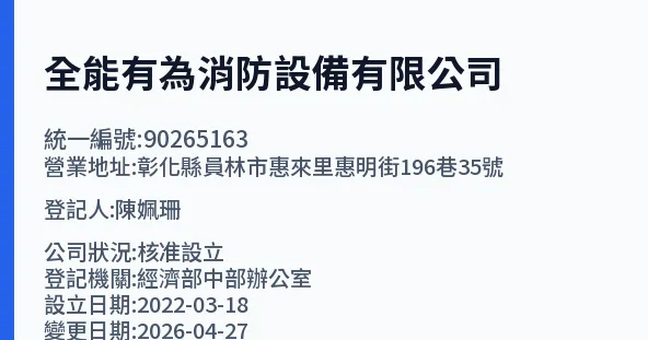 全能有為消防設備有限公司的照片-統編 90265163(彰化縣) 公司登記資料與營業項目詳細圖表