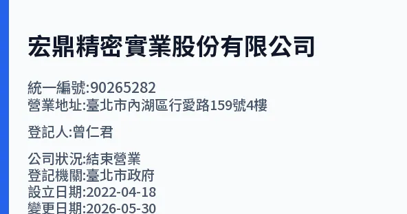 宏鼎精密實業股份有限公司的照片-統編 90265282(臺北市) 公司登記資料與營業項目詳細圖表