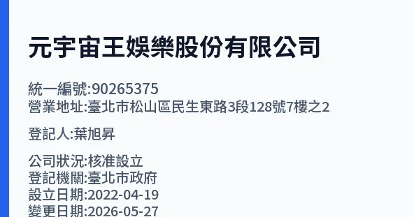 元宇宙王娛樂股份有限公司的照片-統編 90265375(臺北市) 公司登記資料與營業項目詳細圖表