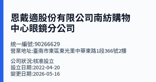 恩戴適股份有限公司南紡購物中心眼鏡分公司的照片-統編 90266629(臺南市) 公司登記資料與營業項目詳細圖表
