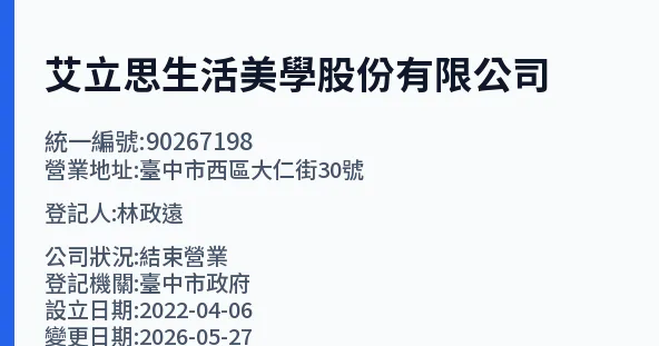 艾立思生活美學股份有限公司的照片-統編 90267198(臺中市) 公司登記資料與營業項目詳細圖表