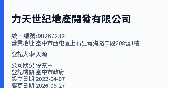 力天世紀地產開發有限公司的照片-統編 90267232(臺中市) 公司登記資料與營業項目詳細圖表