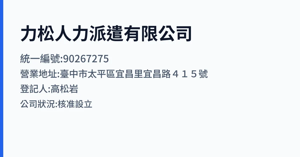 力松人力派遣有限公司 - 統編 90267275(臺中市) 公司登記資料與營業項目詳細圖表