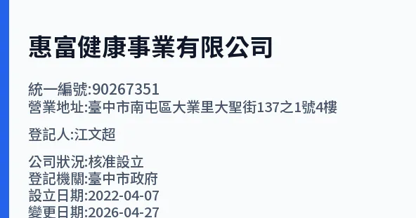 惠富健康事業有限公司的照片-統編 90267351(臺中市) 公司登記資料與營業項目詳細圖表