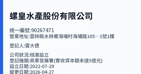 螺皇水產股份有限公司的照片-統編 90267471(雲林縣) 公司登記資料與營業項目詳細圖表