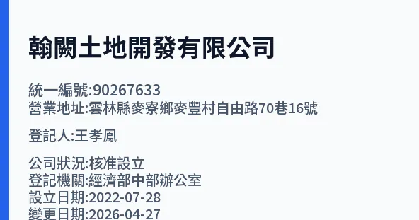翰闕土地開發有限公司的照片-統編 90267633(雲林縣) 公司登記資料與營業項目詳細圖表
