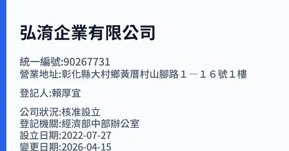 弘淯企業有限公司的照片-統編 90267731(彰化縣) 公司登記資料與營業項目詳細圖表