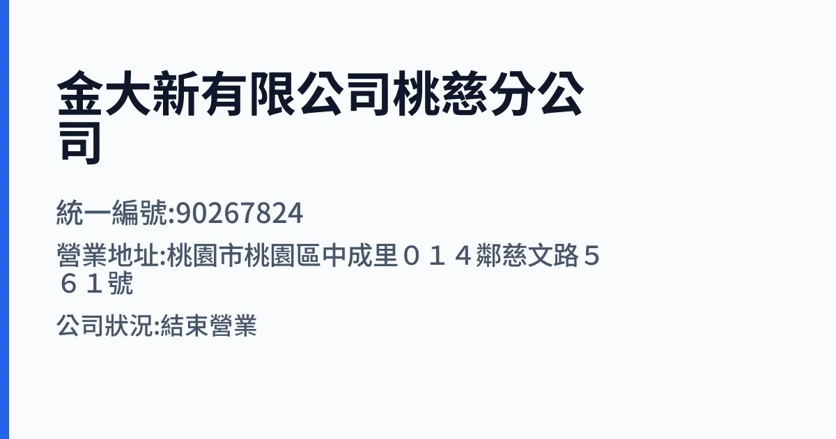 金大新有限公司桃慈分公司 - 統編 90267824(桃園市) 公司登記資料與營業項目詳細圖表