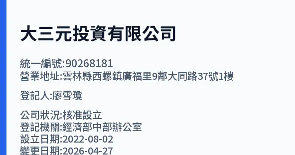 大三元投資有限公司的照片-統編 90268181(雲林縣) 公司登記資料與營業項目詳細圖表
