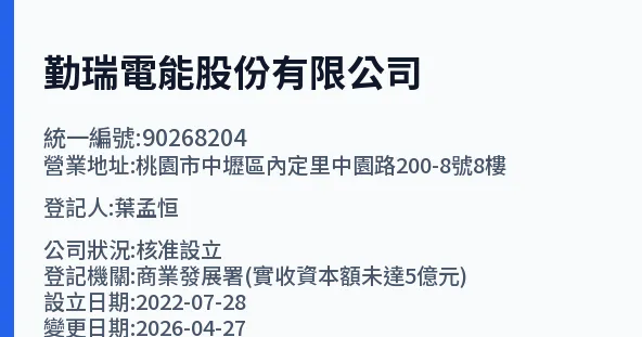 勤瑞電能股份有限公司的照片-統編 90268204(桃園市) 公司登記資料與營業項目詳細圖表