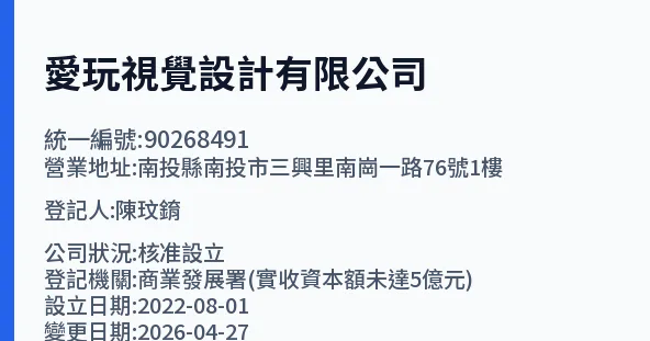 愛玩視覺設計有限公司的照片-統編 90268491(南投縣) 公司登記資料與營業項目詳細圖表