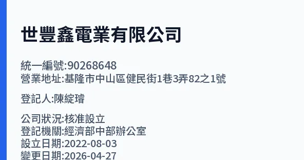 世豐鑫電業有限公司的照片-統編 90268648(基隆市) 公司登記資料與營業項目詳細圖表