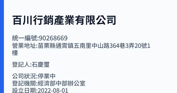 百川行銷產業有限公司的照片-統編 90268669(苗栗縣) 公司登記資料與營業項目詳細圖表