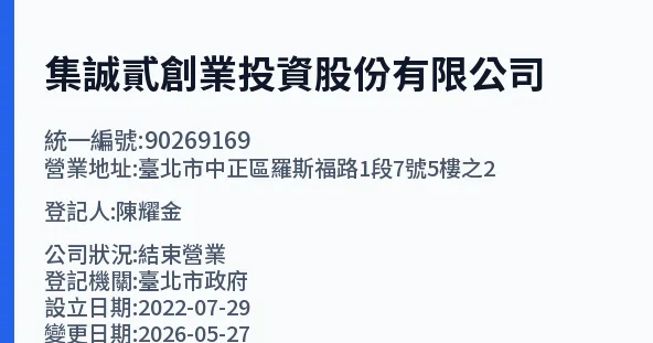 集誠貳創業投資股份有限公司的照片-統編 90269169(臺北市) 公司登記資料與營業項目詳細圖表