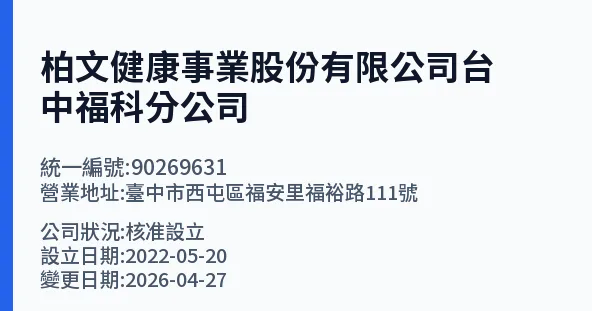 柏文健康事業股份有限公司台中福科分公司的照片-統編 90269631(臺中市) 公司登記資料與營業項目詳細圖表