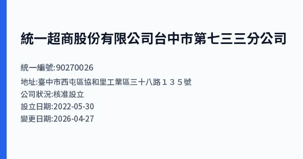 統一超商股份有限公司台中市第七三三分公司的照片-統編 90270026(臺中市) 公司登記資料與營業項目詳細圖表