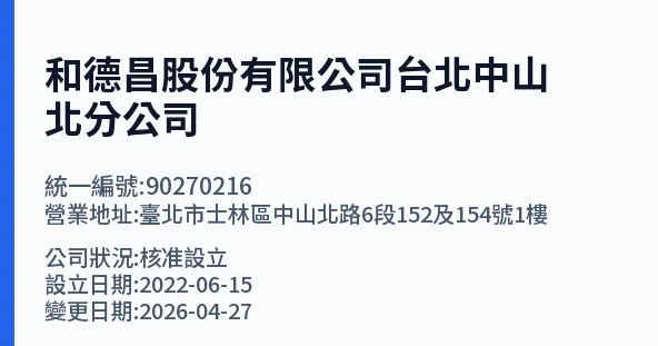 和德昌股份有限公司台北中山北分公司的照片-統編 90270216(臺北市) 公司登記資料與營業項目詳細圖表