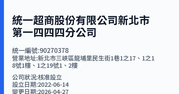 統一超商股份有限公司新北市第一四四四分公司的照片-統編 90270378(新北市) 公司登記資料與營業項目詳細圖表