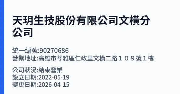 天玥生技股份有限公司文橫分公司的照片-統編 90270686(高雄市) 公司登記資料與營業項目詳細圖表