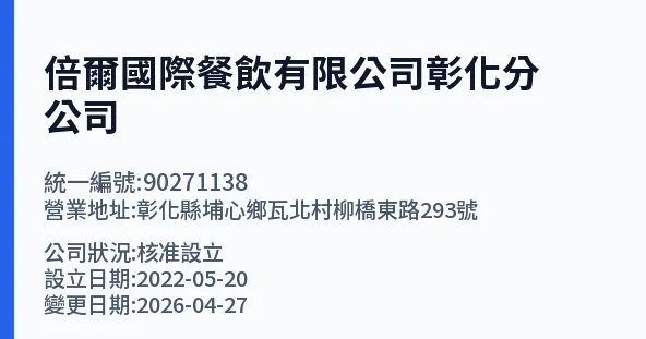 倍爾國際餐飲有限公司彰化分公司的照片-統編 90271138(彰化縣) 公司登記資料與營業項目詳細圖表