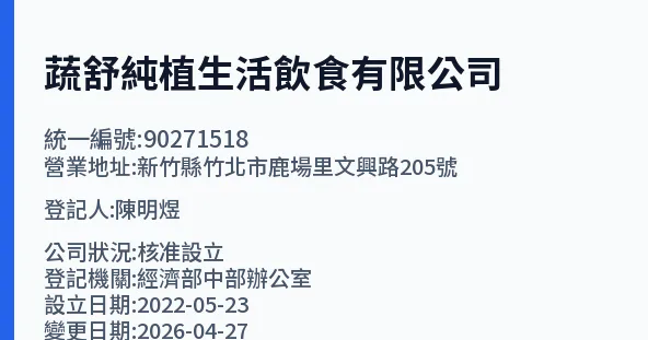 蔬舒純植生活飲食有限公司的照片-統編 90271518(新竹縣) 公司登記資料與營業項目詳細圖表