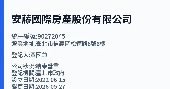 安藤國際房產股份有限公司的照片-統編 90272045(臺北市) 公司登記資料與營業項目詳細圖表