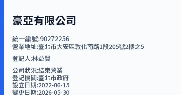 豪亞有限公司的照片-統編 90272256(臺北市) 公司登記資料與營業項目詳細圖表