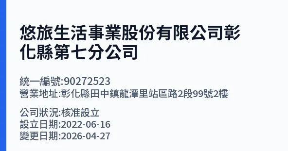 悠旅生活事業股份有限公司彰化縣第七分公司的照片-統編 90272523(彰化縣) 公司登記資料與營業項目詳細圖表