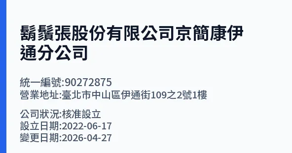 鬍鬚張股份有限公司京簡康伊通分公司的照片-統編 90272875(臺北市) 公司登記資料與營業項目詳細圖表