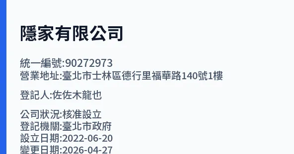 隱家有限公司的照片-統編 90272973(臺北市) 公司登記資料與營業項目詳細圖表