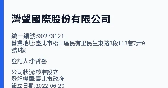 灣聲國際股份有限公司的照片-統編 90273121(臺北市) 公司登記資料與營業項目詳細圖表