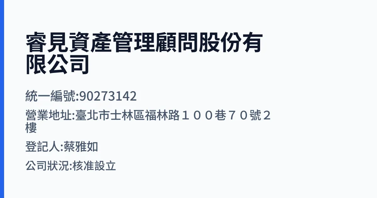 睿見資產管理顧問股份有限公司 - 統編 90273142(臺北市) 公司登記資料與營業項目詳細圖表