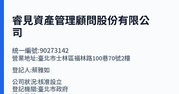 睿見資產管理顧問股份有限公司的照片-統編 90273142(臺北市) 公司登記資料與營業項目詳細圖表