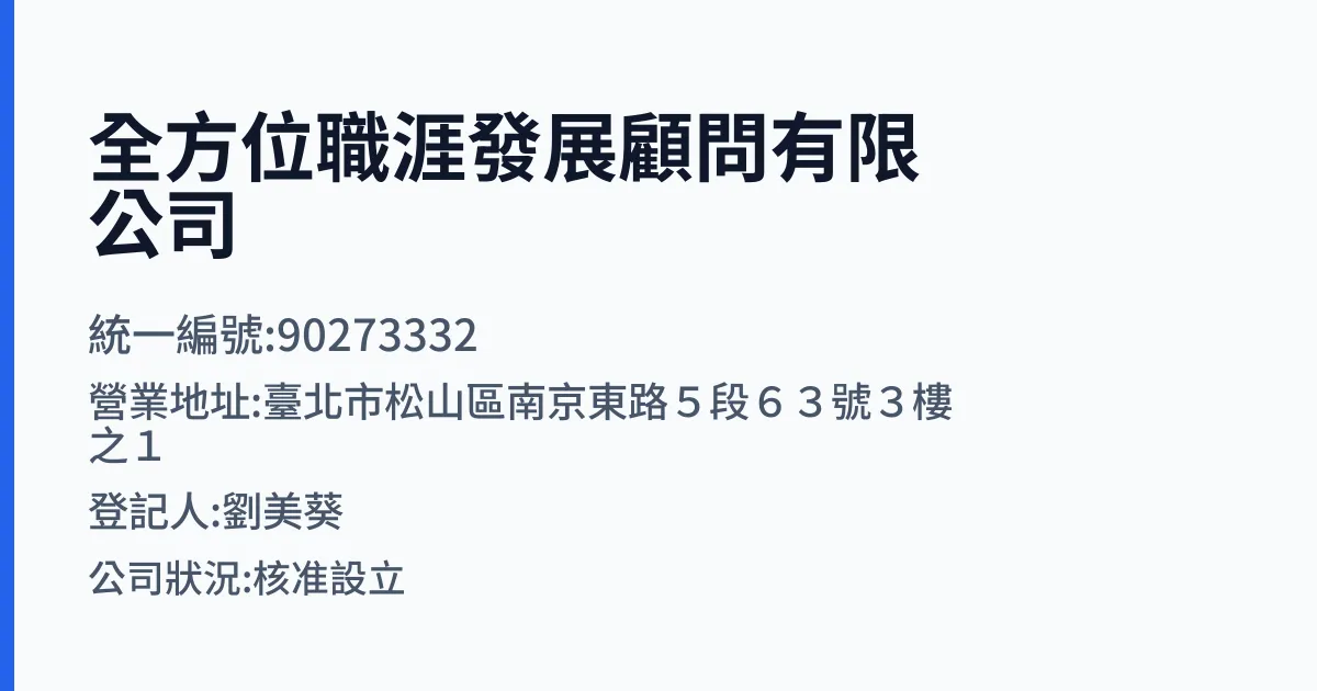 全方位職涯發展顧問有限公司 - 統編 90273332(臺北市) 公司登記資料與營業項目詳細圖表