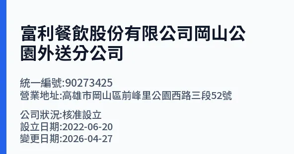 富利餐飲股份有限公司岡山公園外送分公司的照片-統編 90273425(高雄市) 公司登記資料與營業項目詳細圖表
