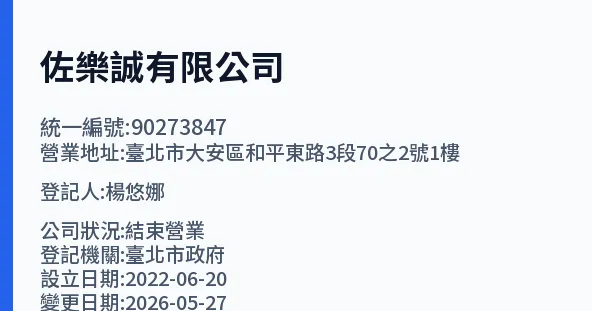 佐樂誠有限公司的照片-統編 90273847(臺北市) 公司登記資料與營業項目詳細圖表