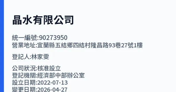 晶水有限公司的照片-統編 90273950(宜蘭縣) 公司登記資料與營業項目詳細圖表