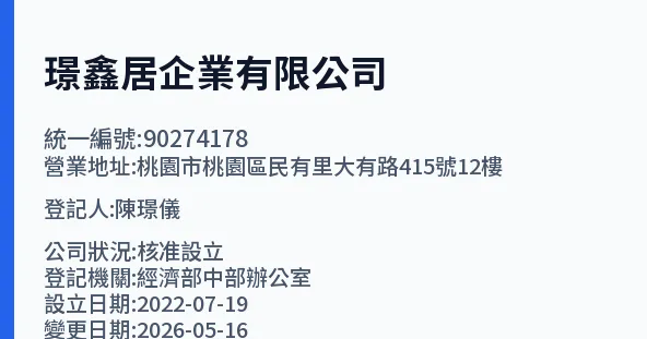 璟鑫居企業有限公司的照片-統編 90274178(桃園市) 公司登記資料與營業項目詳細圖表