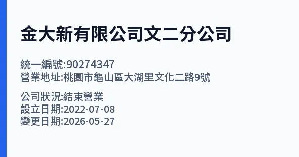 金大新有限公司文二分公司的照片-統編 90274347(桃園市) 公司登記資料與營業項目詳細圖表