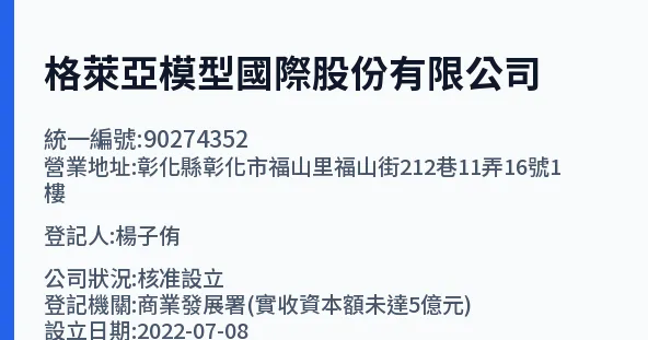 格萊亞模型國際股份有限公司的照片-統編 90274352(彰化縣) 公司登記資料與營業項目詳細圖表