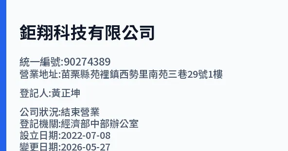 鉅翔科技有限公司的照片-統編 90274389(苗栗縣) 公司登記資料與營業項目詳細圖表