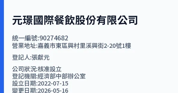 元璟國際餐飲股份有限公司的照片-統編 90274682(嘉義市) 公司登記資料與營業項目詳細圖表