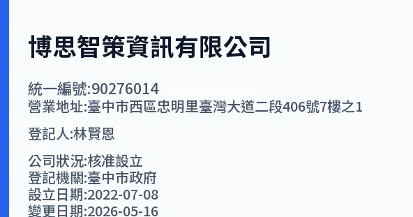 博思智策資訊有限公司的照片-統編 90276014(臺中市) 公司登記資料與營業項目詳細圖表
