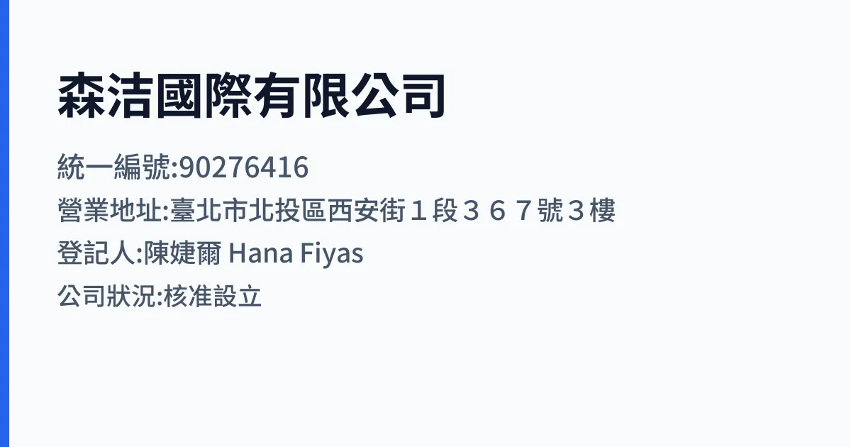 森洁國際有限公司 - 統編 90276416(臺北市) 公司登記資料與營業項目詳細圖表