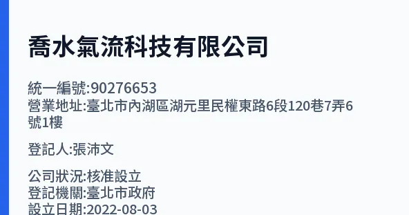 喬水氣流科技有限公司的照片-統編 90276653(臺北市) 公司登記資料與營業項目詳細圖表