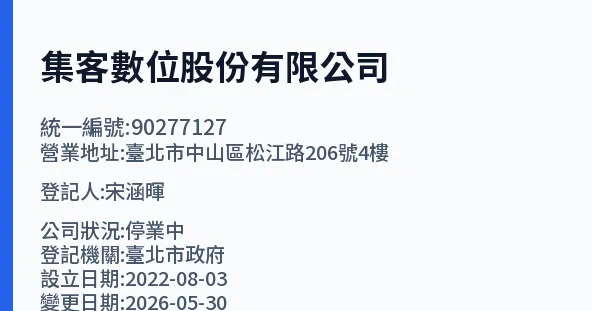 集客數位股份有限公司的照片-統編 90277127(臺北市) 公司登記資料與營業項目詳細圖表