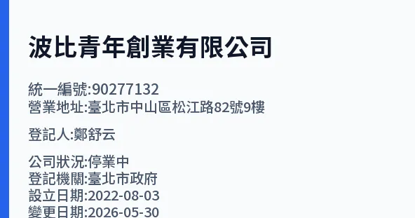 波比青年創業有限公司的照片-統編 90277132(臺北市) 公司登記資料與營業項目詳細圖表
