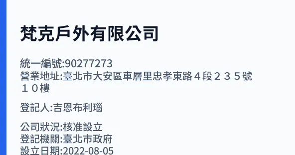 梵克戶外有限公司的照片-統編 90277273(臺北市) 公司登記資料與營業項目詳細圖表